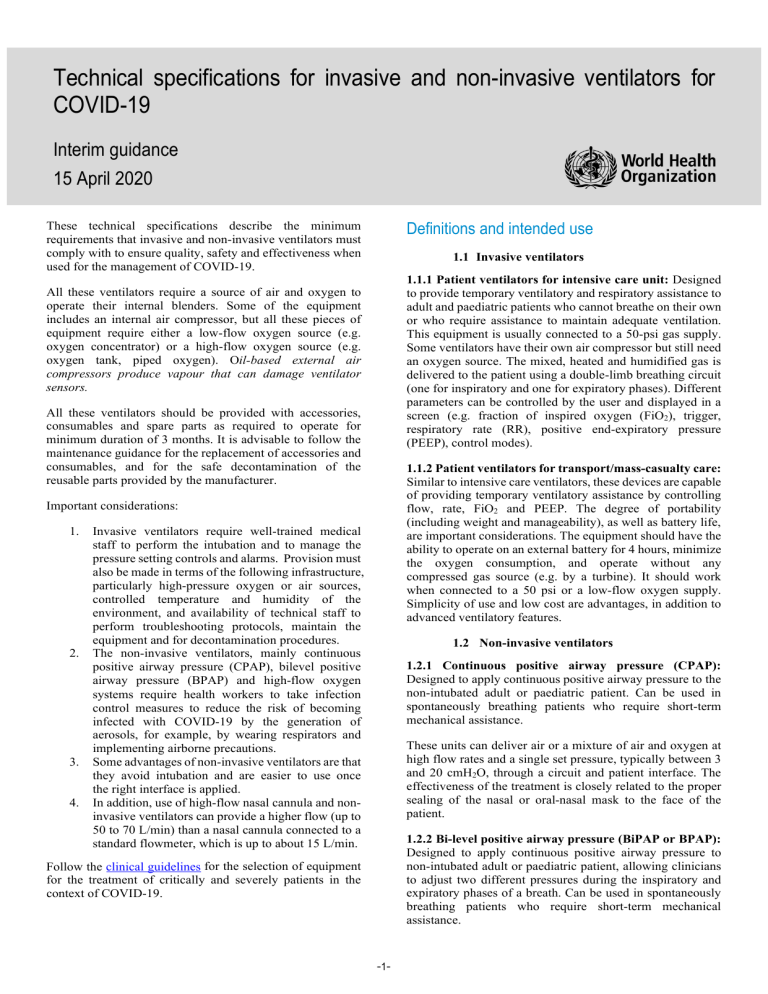 Ventilator Technical Specs for COVID-19 | Interim Guidance