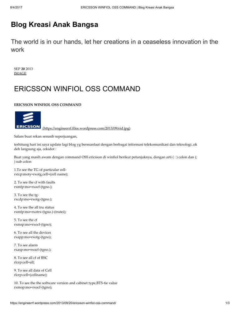 Perintah Ericsson Winﬁol OSS | Telekomunikasi