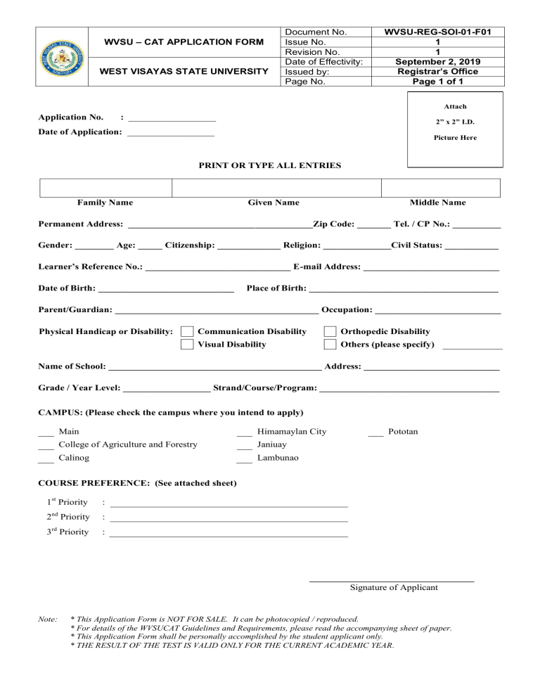 WVSU CAT Application Form - West Visayas State University