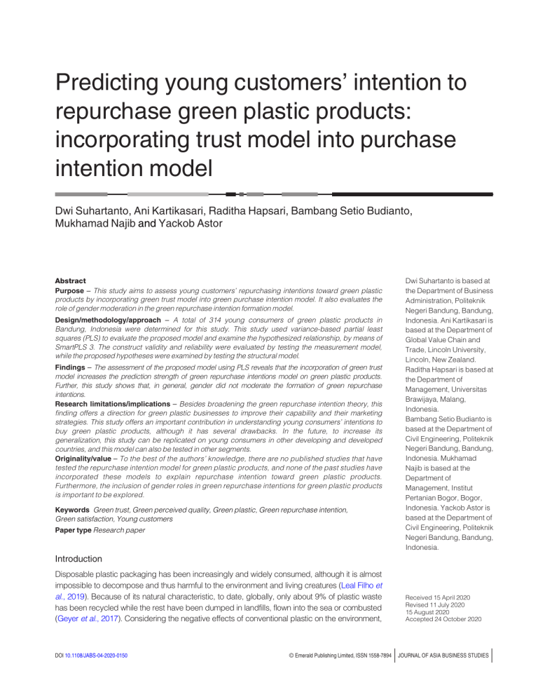 Green Plastic Repurchase Intention: Trust & Gender Model