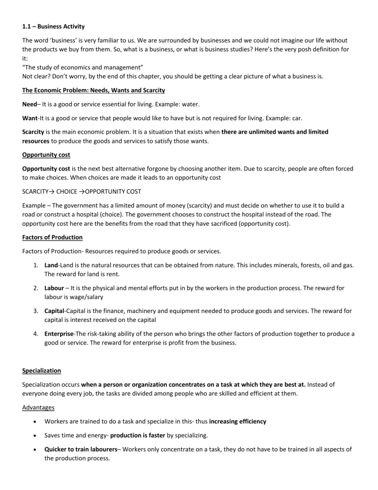 Business Activity: Needs, Scarcity, and Growth