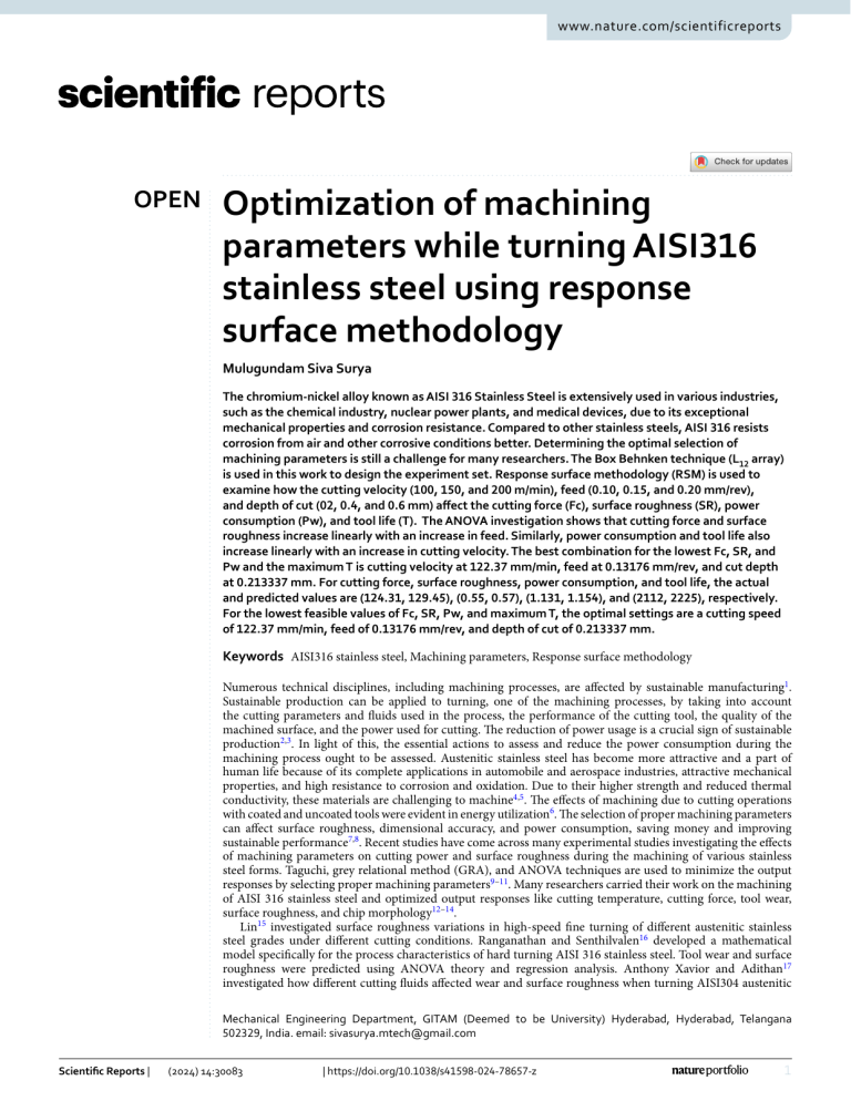 AISI 316 Machining Optimization via Response Surface Methodology