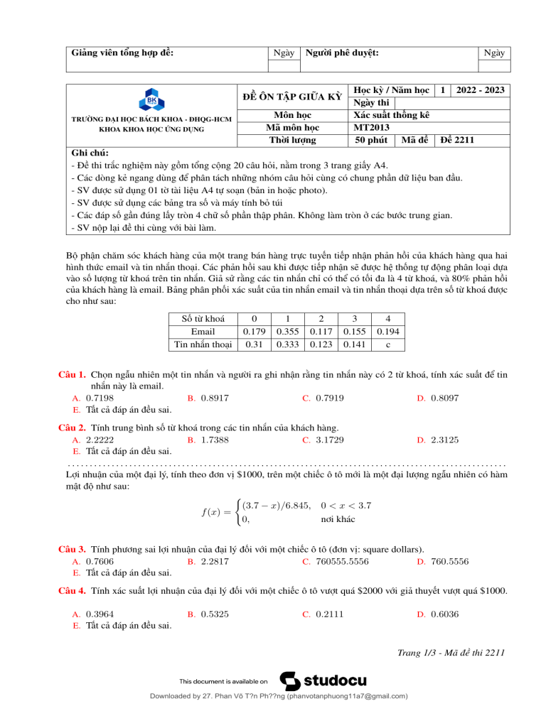 Probability & Statistics Exam - Practice Questions