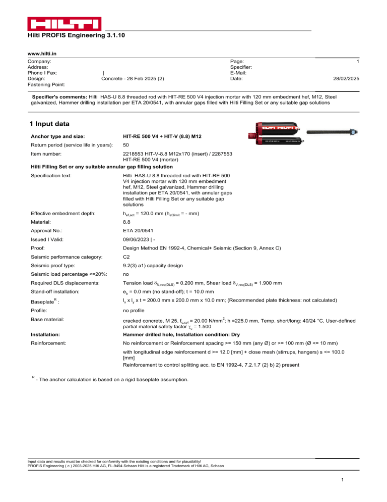 Hilti Anchor Design Report: Concrete Fastening Calculation