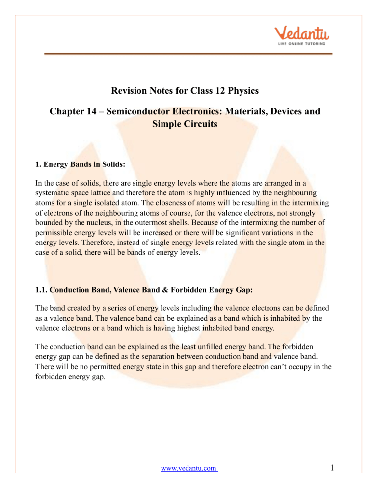 Semiconductor Electronics Revision Notes for Class 12 Physics