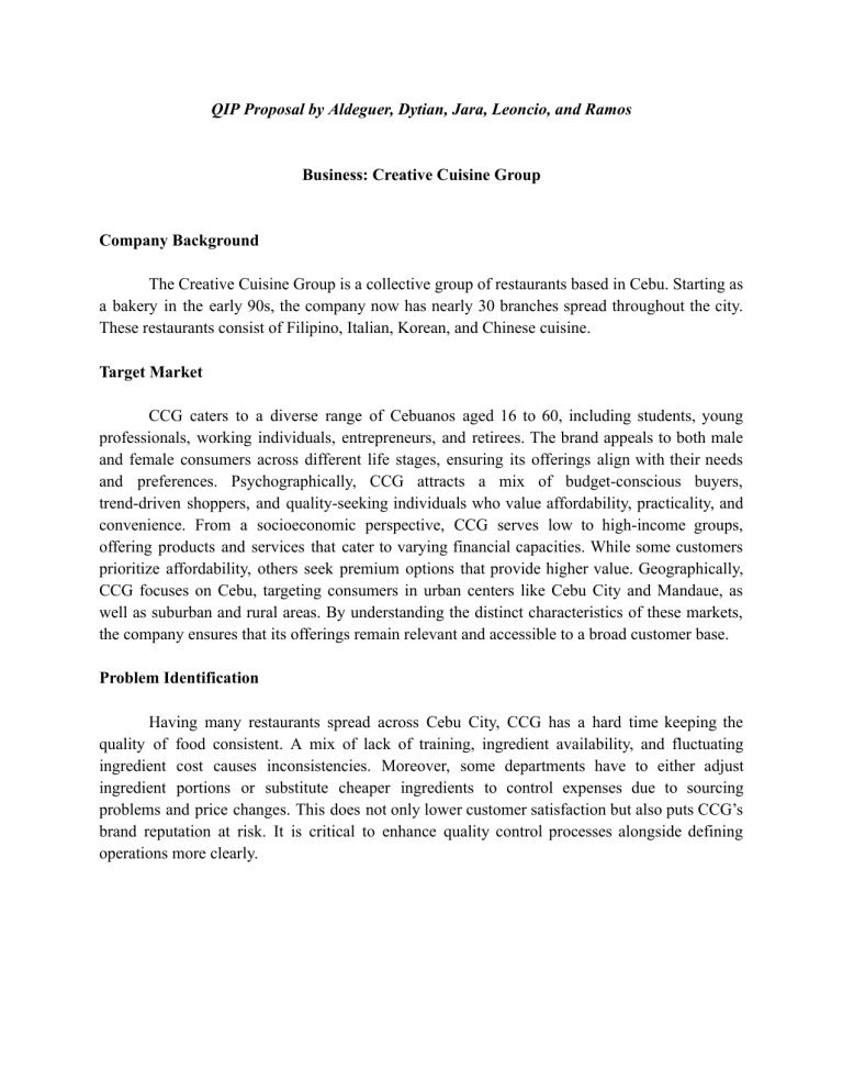 Creative Cuisine Group QIP Proposal: Food Quality Control