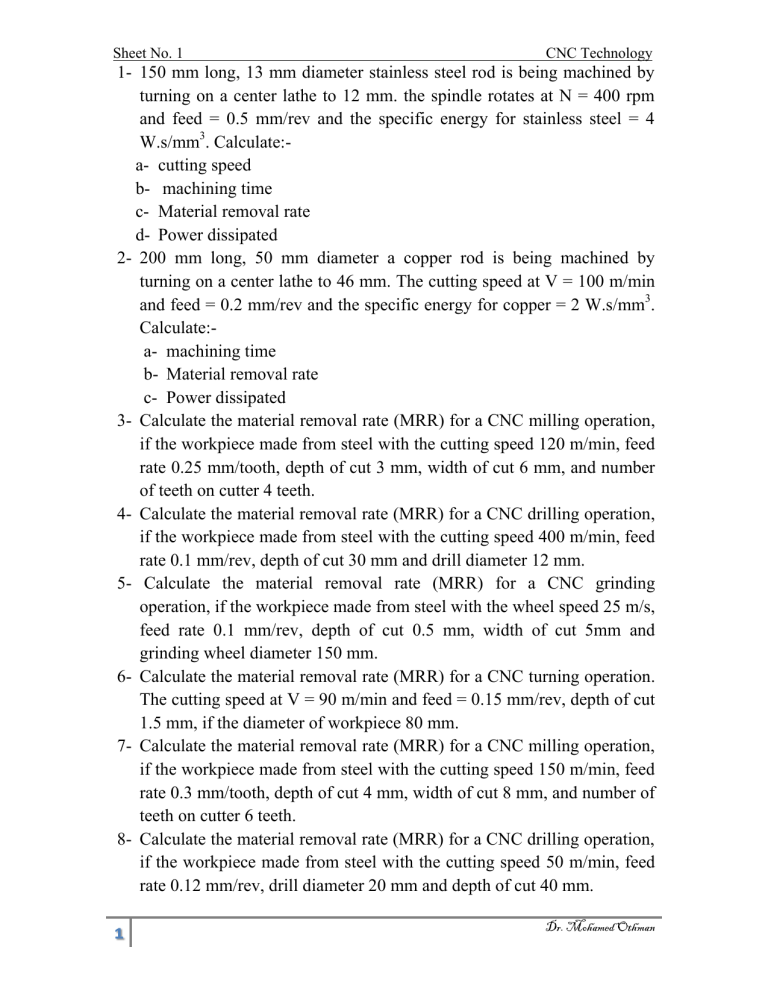 CNC Machining Calculations: MRR, Cutting Speed, and Power