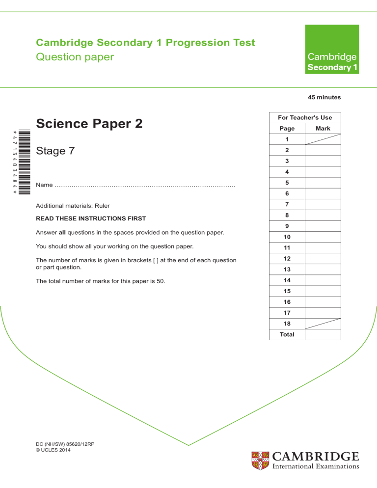 Science Stage 7 Question Paper - Cambridge Secondary 1