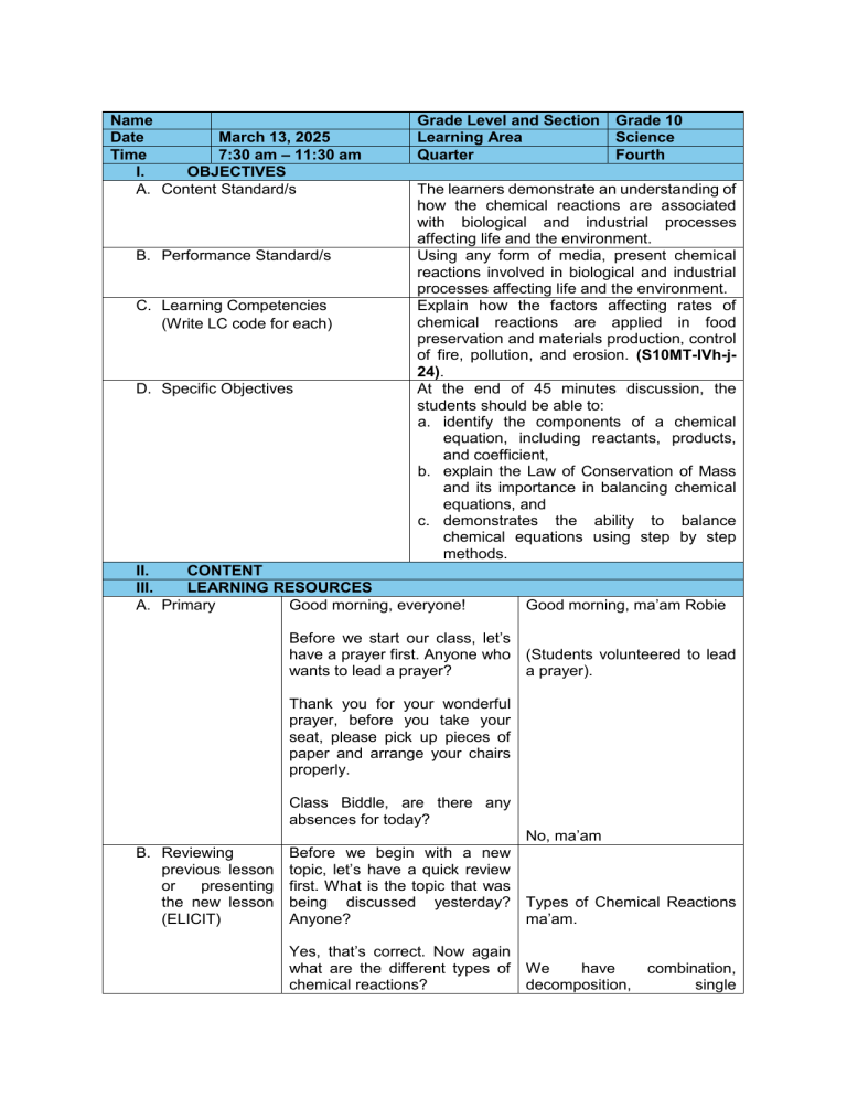 Balancing Chemical Equations: Grade 10 Science Lesson