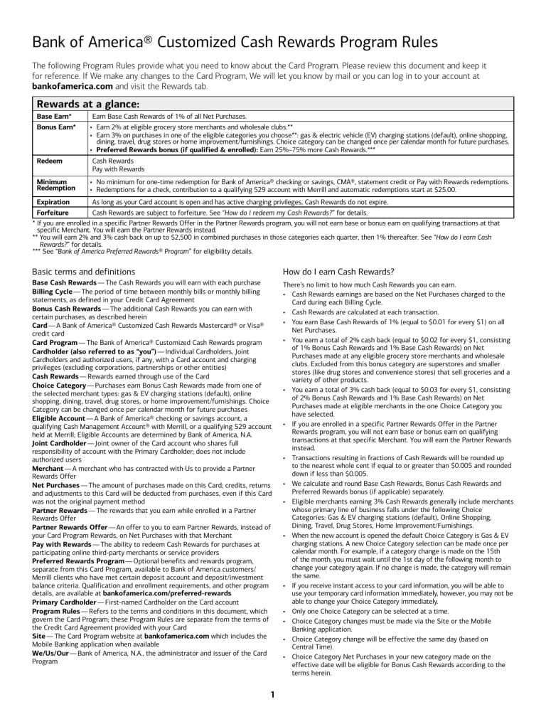 Bank of America Cash Rewards Program Rules
