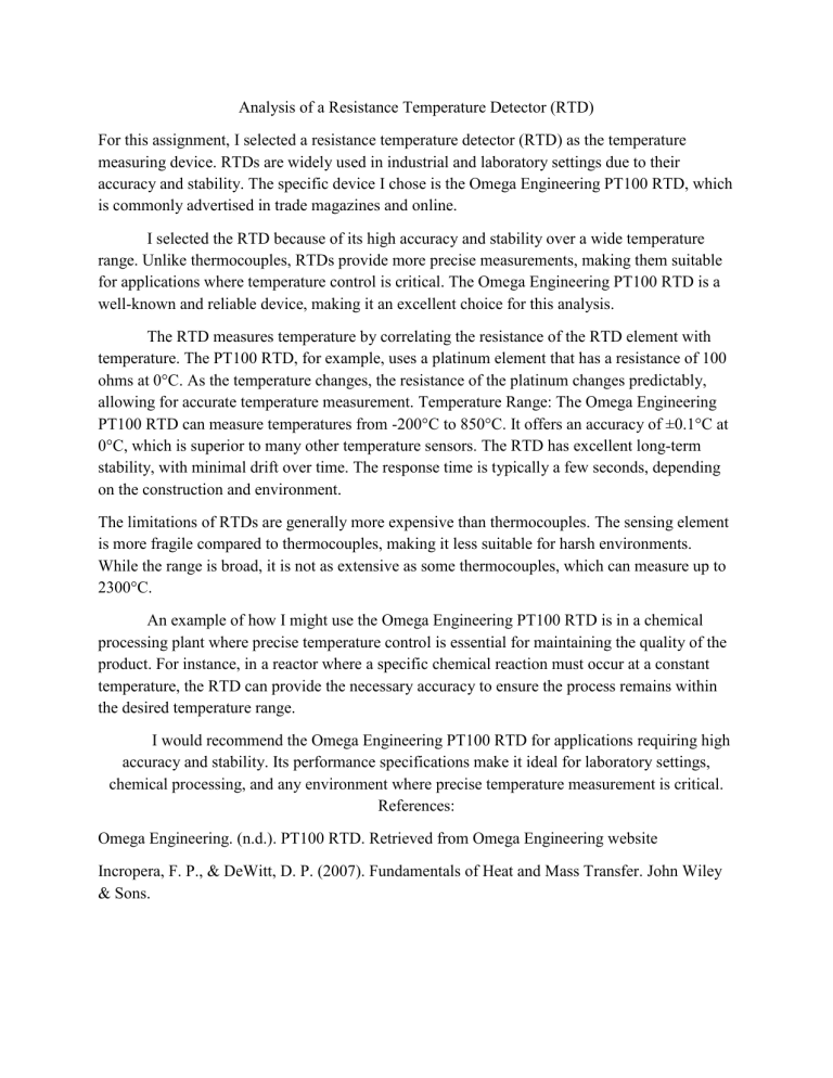 RTD Analysis: Omega PT100 Temperature Sensor