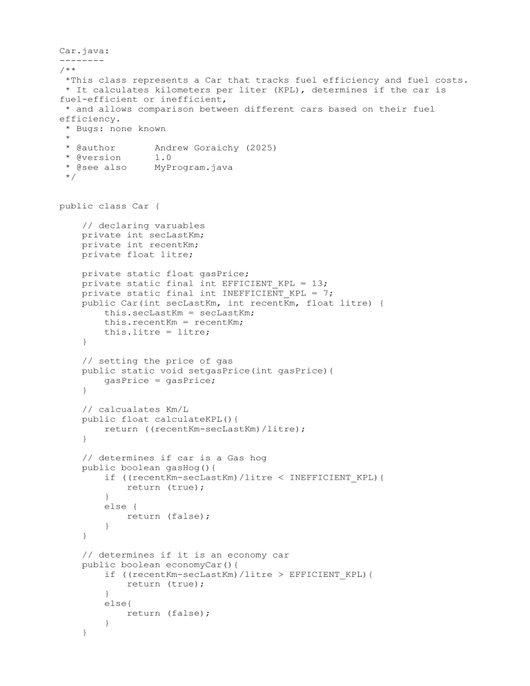 Car Fuel Efficiency Java Code