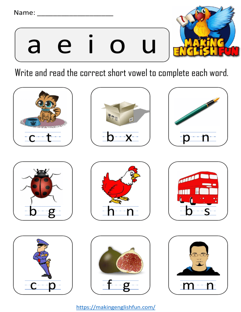 Short Vowel Sounds Worksheet for Elementary School