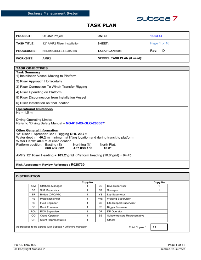 12" AMP2 Riser Installation Task Plan - OFON2 Project