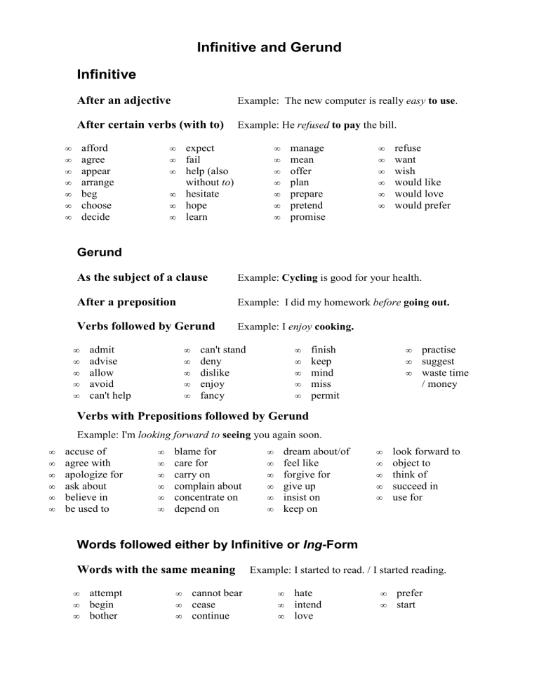 Infinitive and Gerund Exercises: Grammar Worksheet
