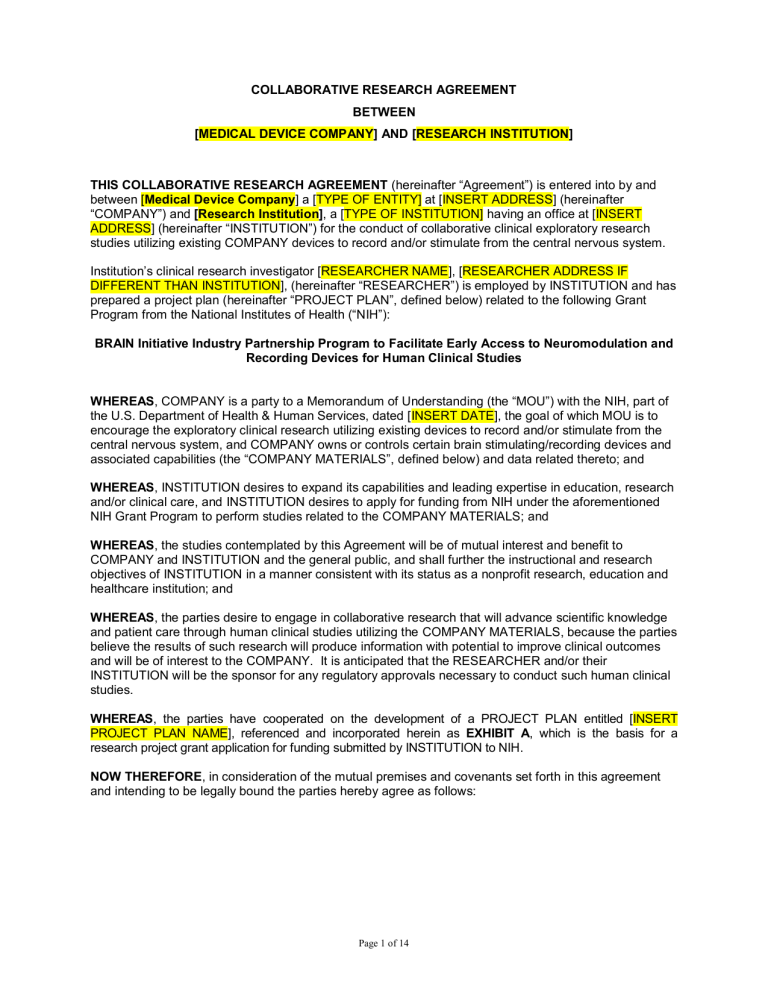 Collaborative Research Agreement: Neuromodulation Studies