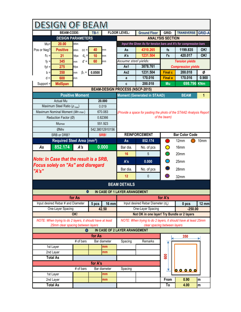Beam Design Calculation Sheet (NSCP-2015)