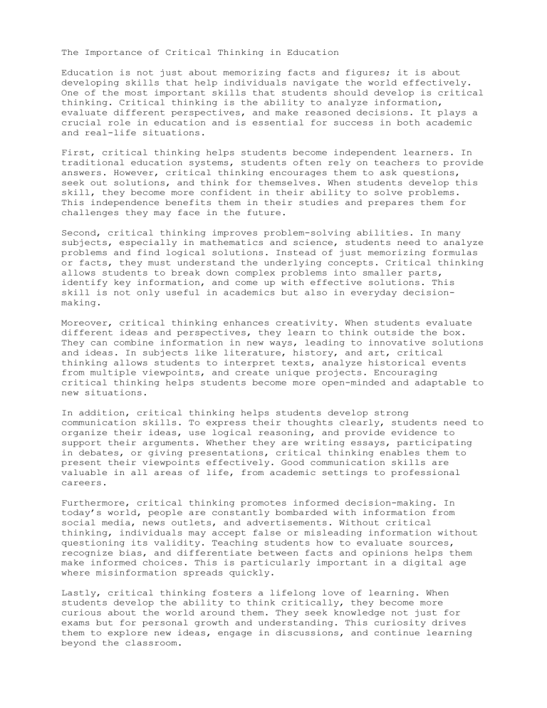 The Importance of Critical Thinking in Education: Key Benefits