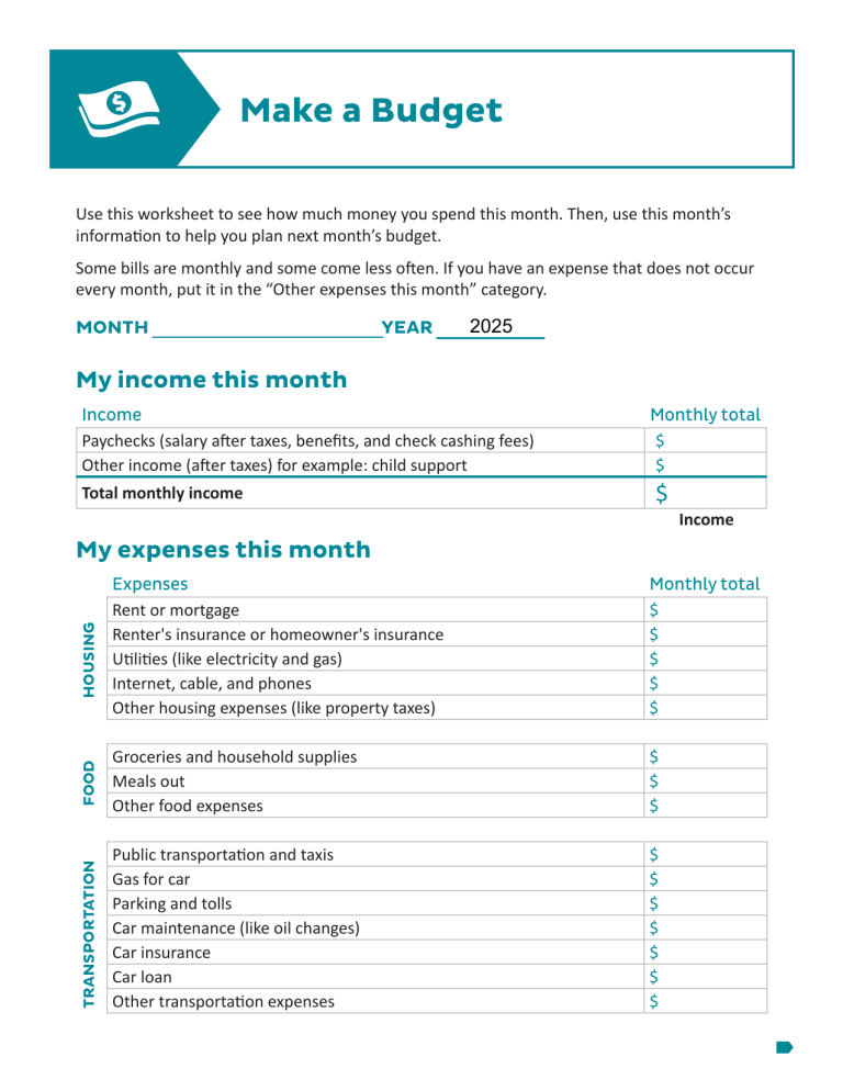 Budget Worksheet: Track Income & Expenses | 2025