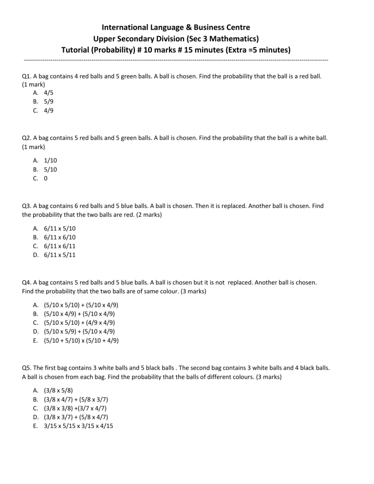 Probability Tutorial: Sec 3 Mathematics