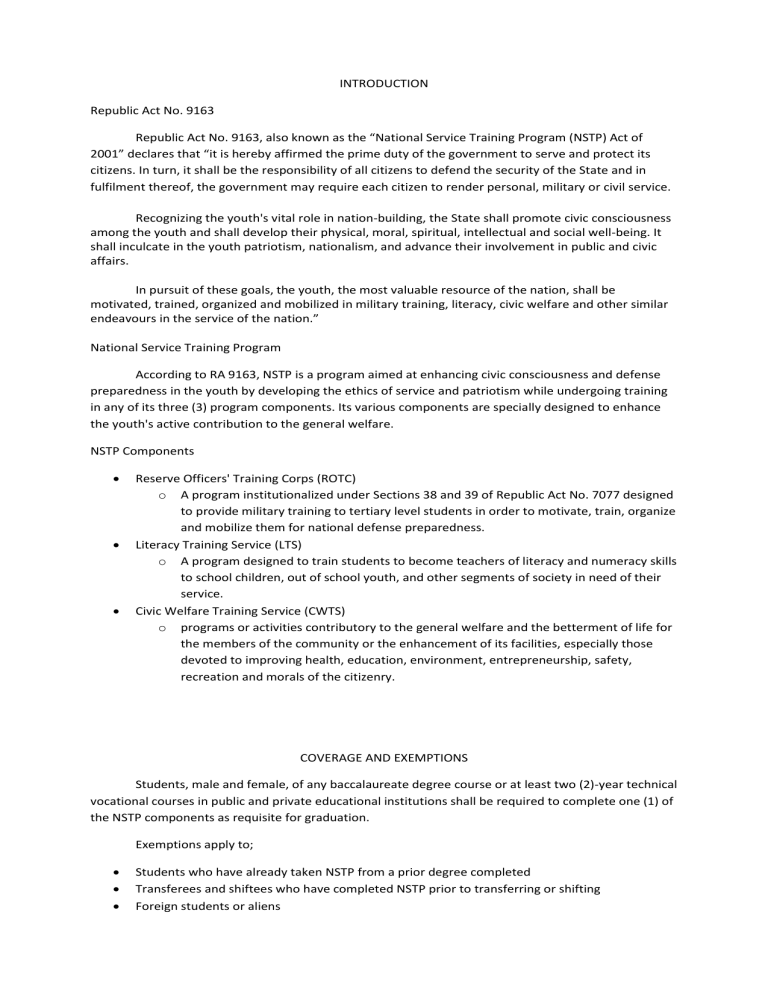 RA 9163: National Service Training Program (NSTP) Act