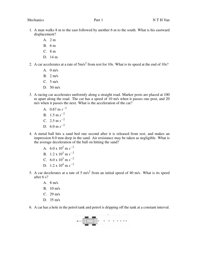 Mechanics Exam: Displacement, Acceleration, Velocity