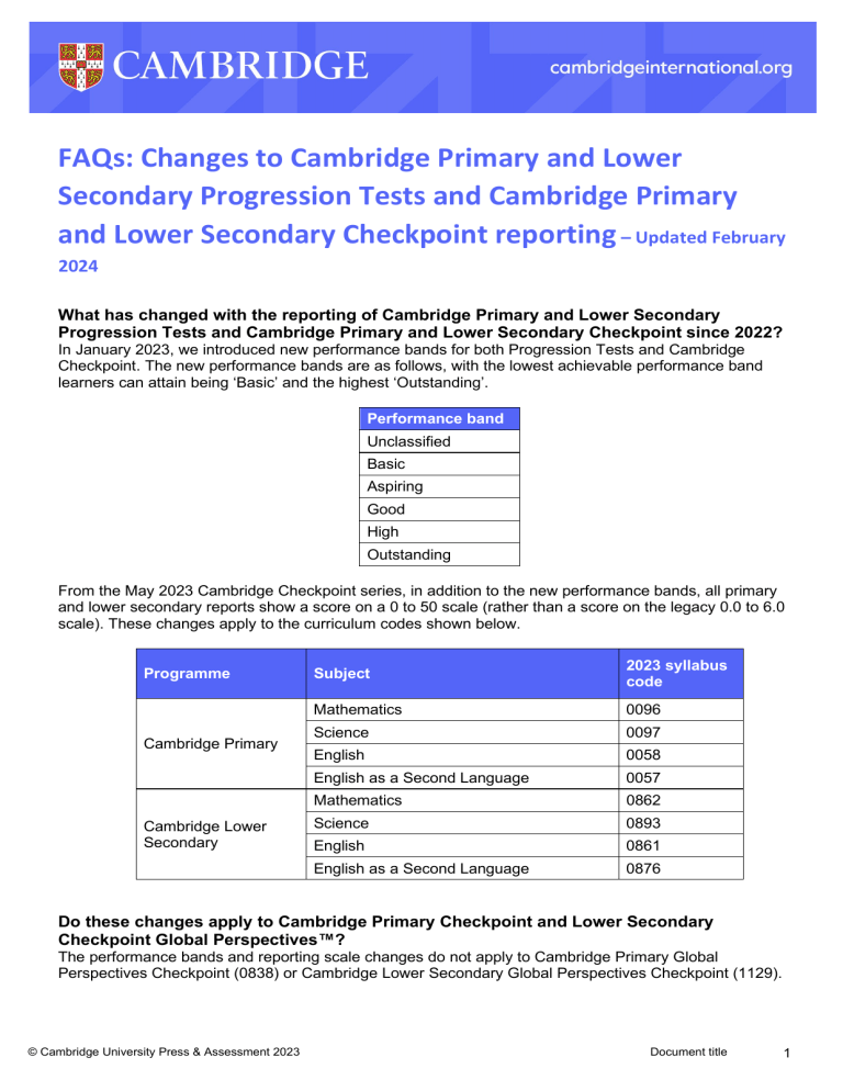 Cambridge Primary & Lower Secondary Test Reporting Changes (2024)