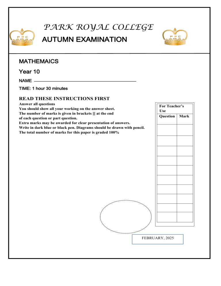 Year 10 Maths Exam Paper - Park Royal College