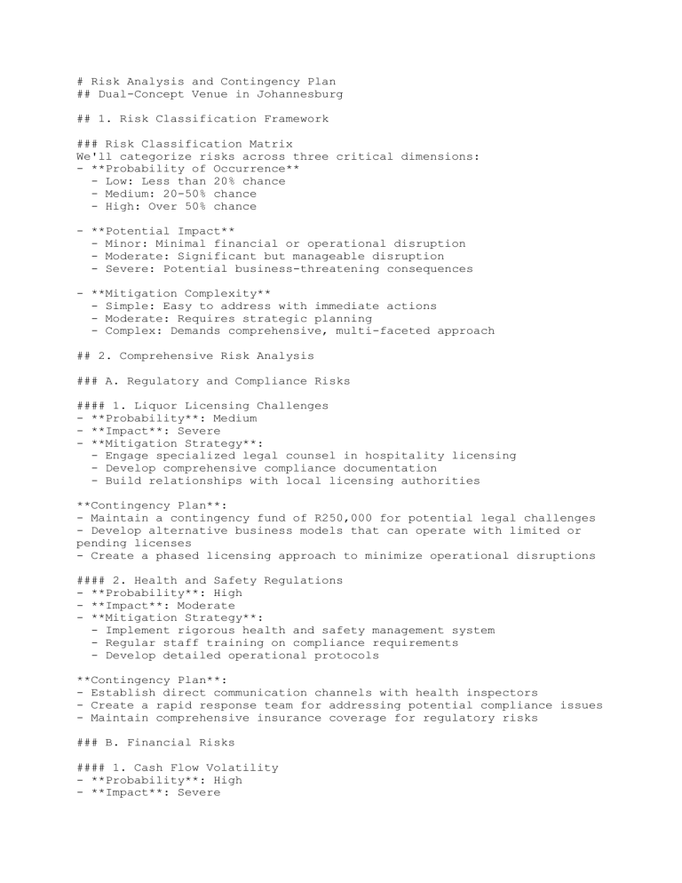 Risk Analysis & Contingency Plan: Johannesburg Venue