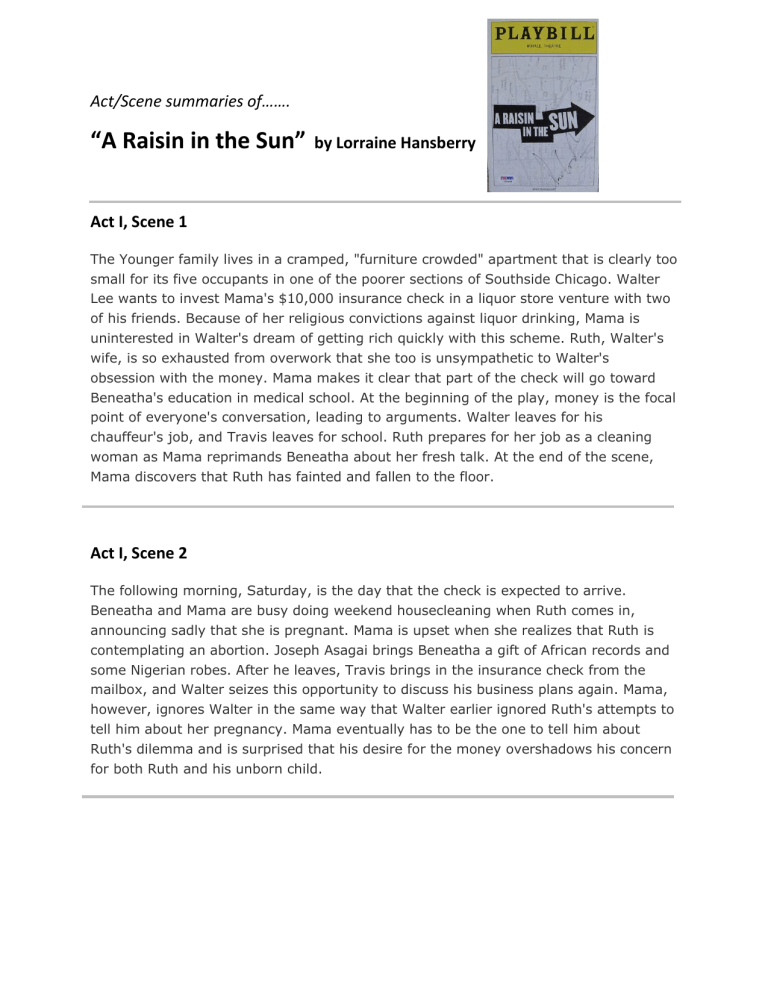 A Raisin in the Sun: Act/Scene Summaries by Hansberry