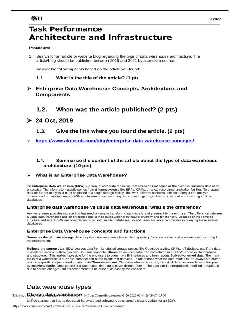 Data Warehouse Architecture Task Performance