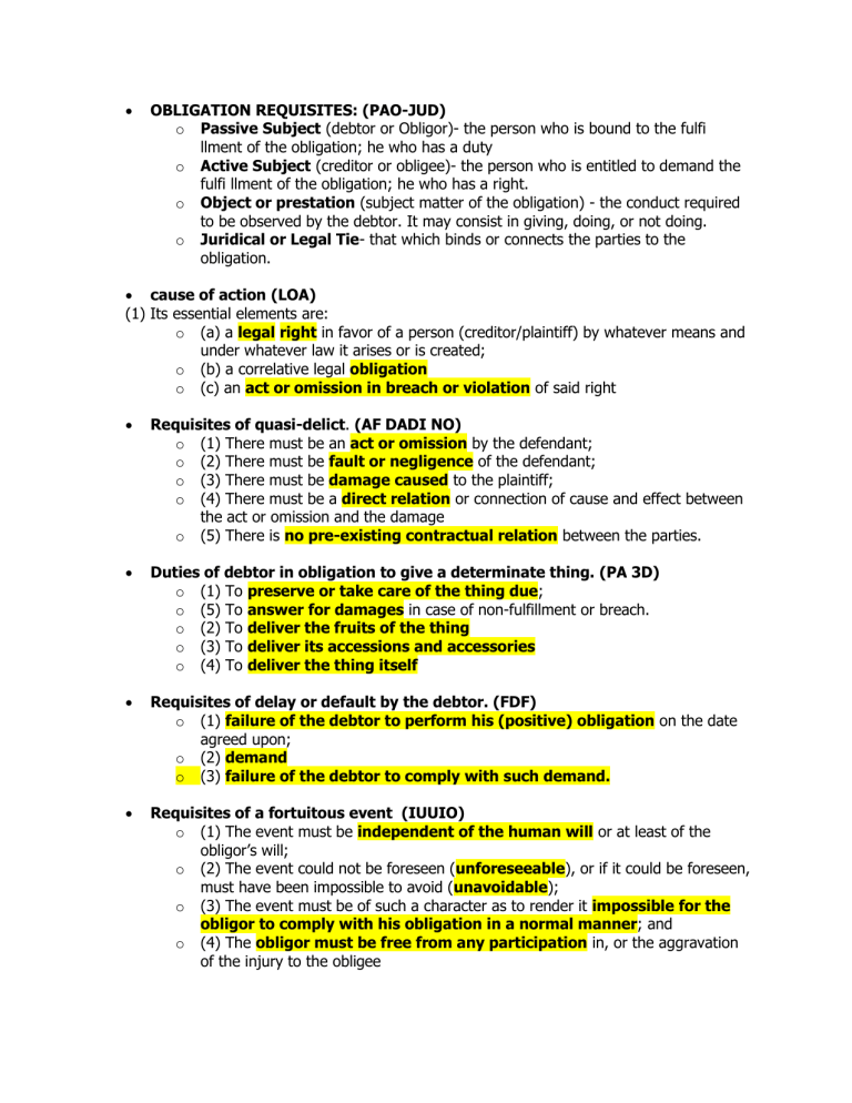Obligations & Contracts: Key Requisites & Duties Summary
