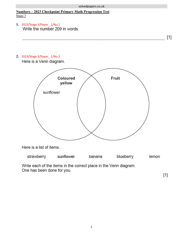 Stage 3 Math Test: Numbers & Venn Diagrams