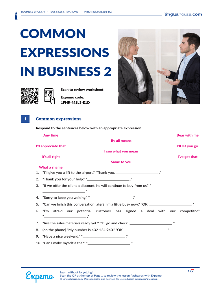 Business English: Common Expressions Worksheet (B1-B2)