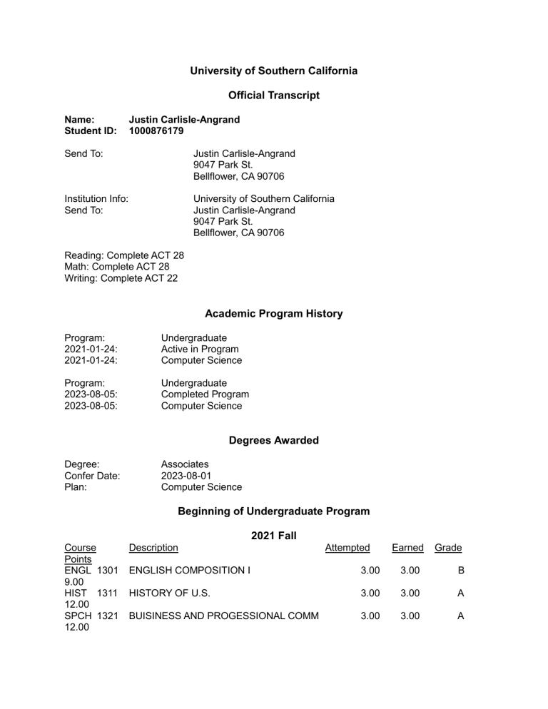 USC Transcript: Justin Carlisle-Angrand - Computer Science