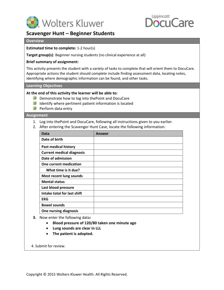 DocuCare Scavenger Hunt for Beginner Nursing Students