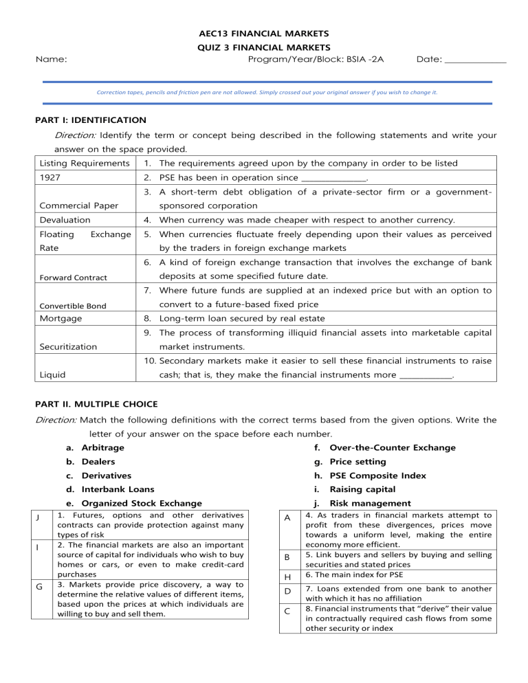 Financial Markets Quiz: BSIA-2A - Practice Questions