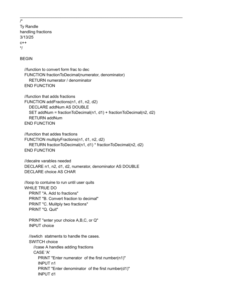 Fraction Operations Code Listing