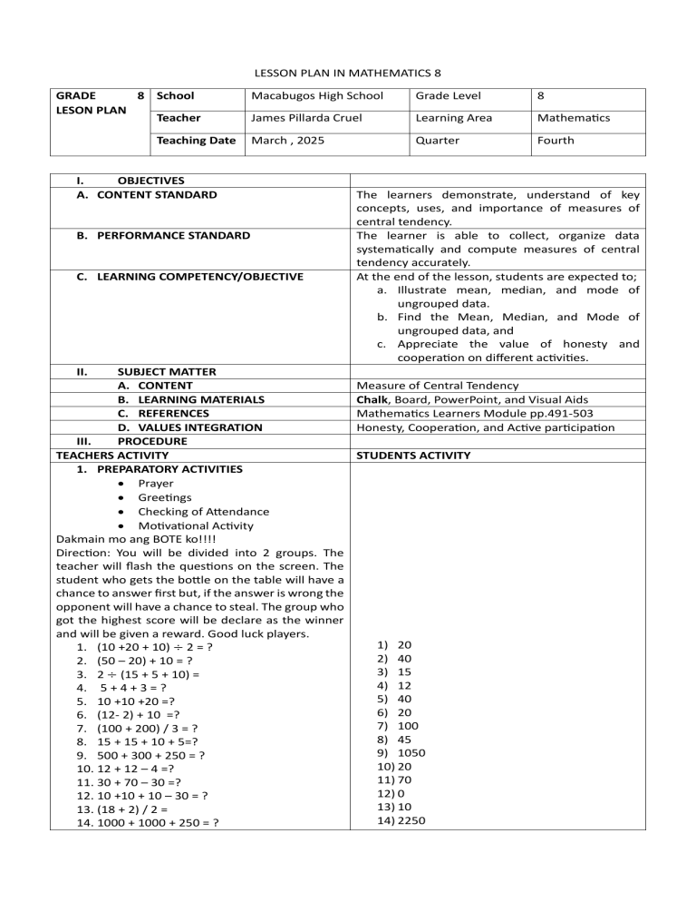 Grade 8 Math Lesson Plan: Central Tendency