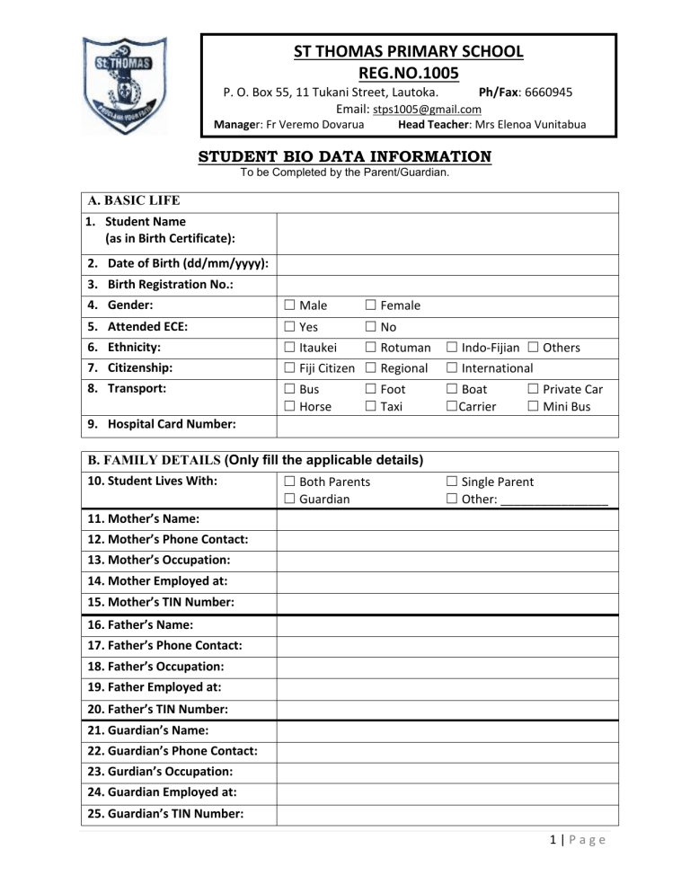 Student Bio Data Form - St Thomas Primary School