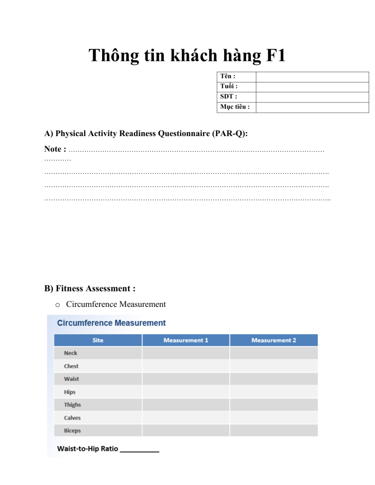 Fitness Assessment Form | PAR-Q, Measurements, Tests