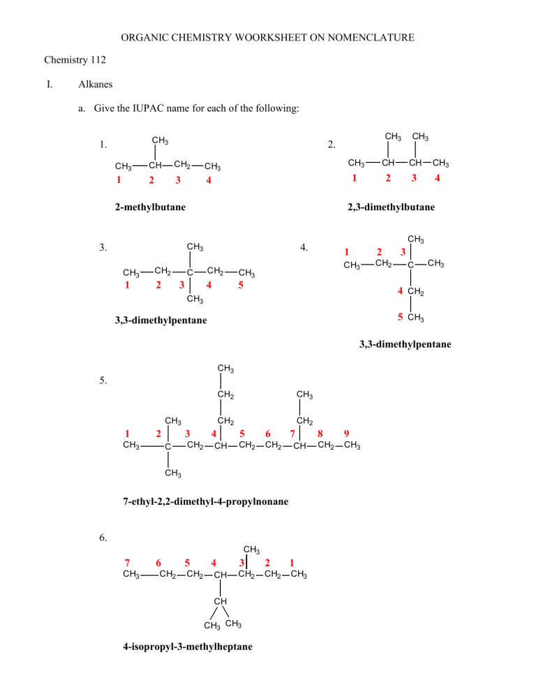 Organic Chemistry Nomenclature Worksheet