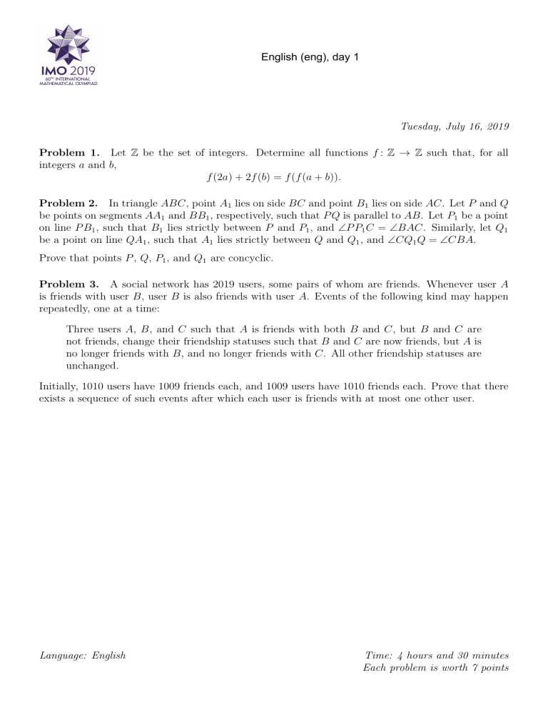 IMO 2019 Exam Problems