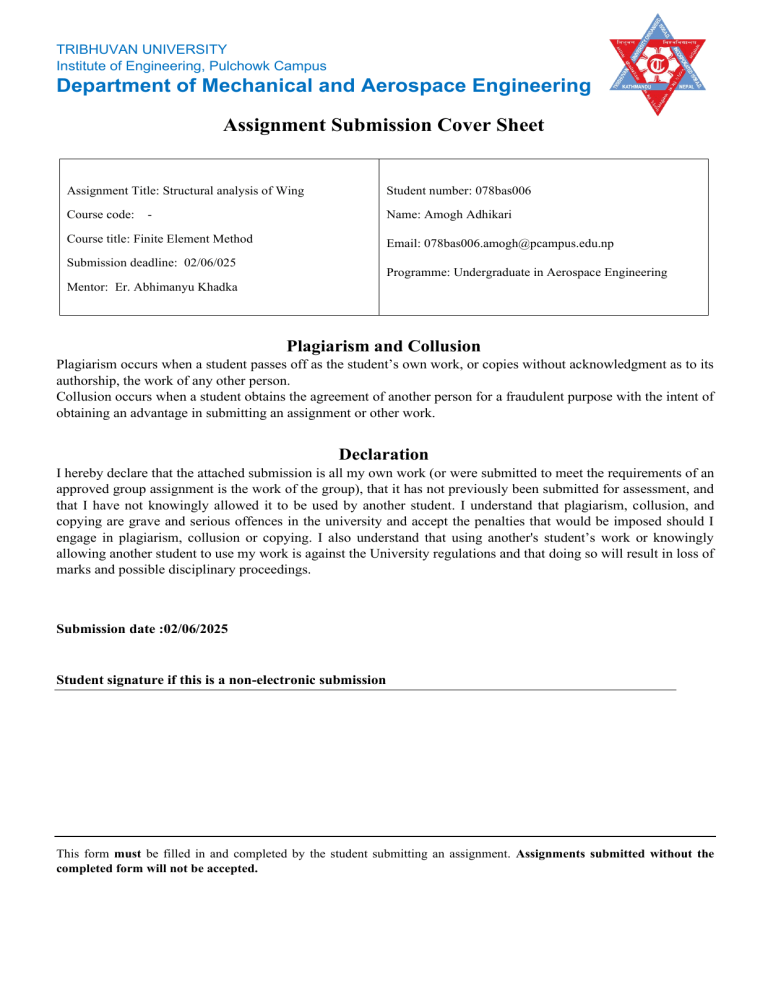 Uav Wing Structural Analysis Finite Element Method Report