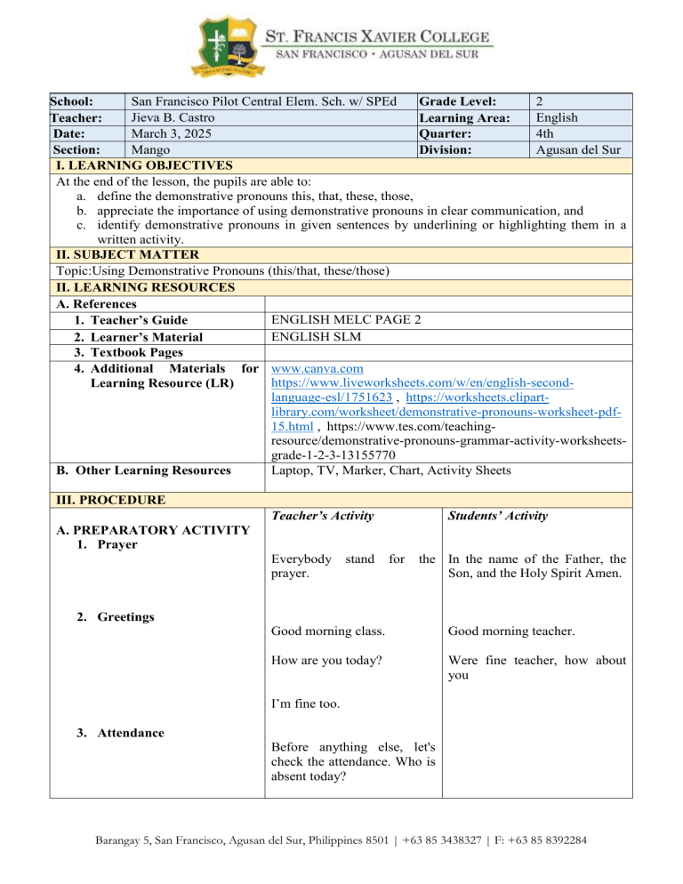 Demonstrative Pronouns Lesson Plan for 4th Grade