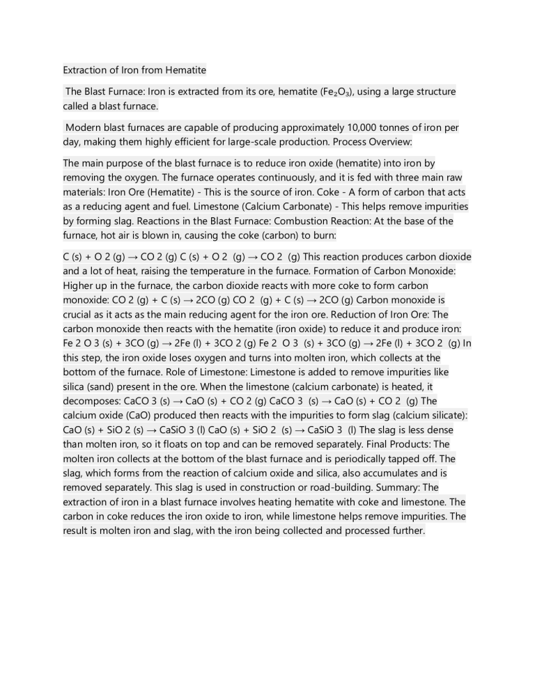 Iron Extraction from Hematite: Blast Furnace Process