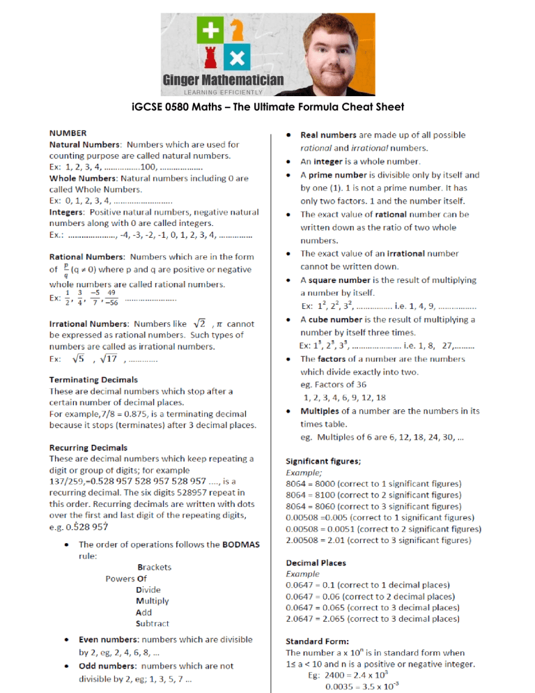 Igcse Maths Cheat Sheet Numbers And Operations