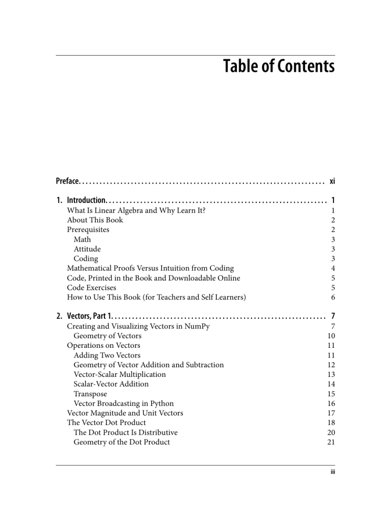Linear Algebra: Table of Contents