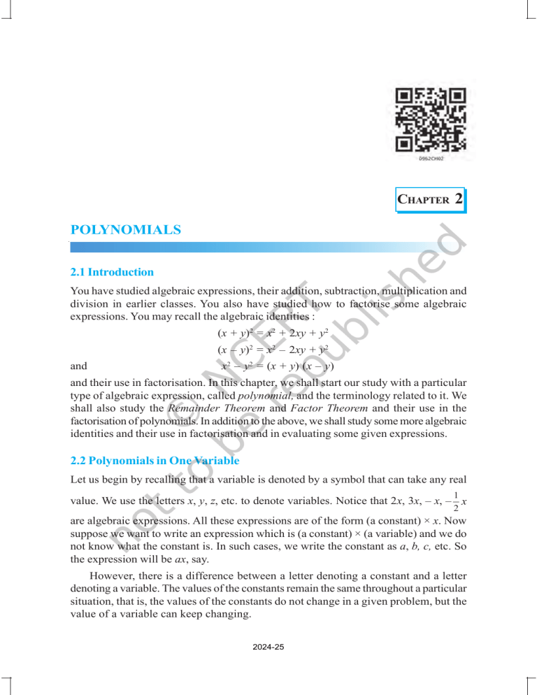 Polynomials: Introduction to Algebraic Expressions
