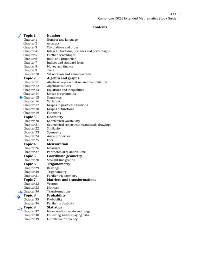 IGCSE Extended Mathematics Study Guide: Topics & Chapters